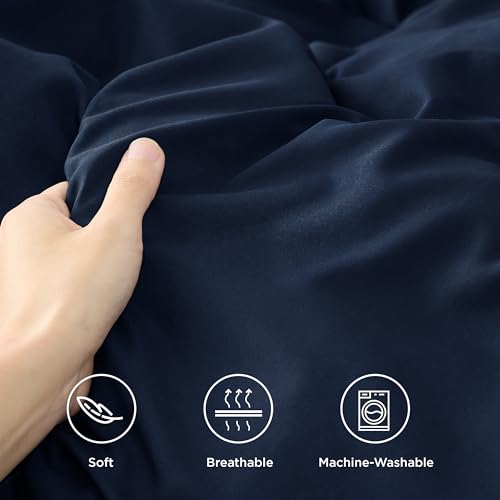 Bedsure Navy Duvet Cover Queen Size - Polyester & Rayon Derived from Bamboo Cooling Duvet Cover Set (90" x 90"), 3 Pieces with 2 Pillow Shams, Comforter Not Included