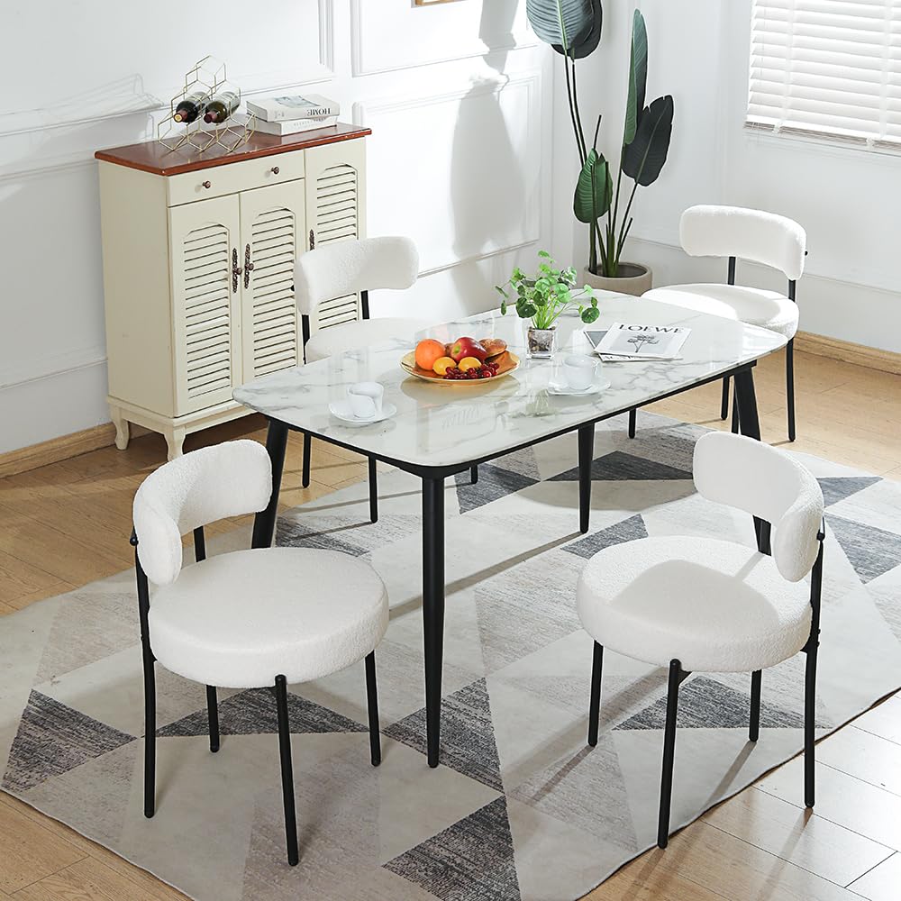 Hooseng White Dining Chairs Set of 2, Modern Kitchen Dining Room Chairs, Round Upholstered Boucle Chairs with Curved Backrest and Black Metal Legs for Kitchen, Dining Room, Living Room