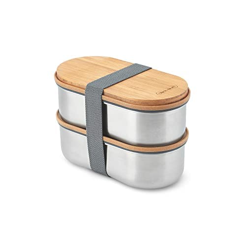 BLACK + BLUM Stainless Steel Bento Box | Plastic Free, Leak-Proof, 2-Compartment Lunch Box with Travel Fork and Bamboo Chopping Board Lid for Packing Healthy and Delicious Food | 34 oz / 1000 ml