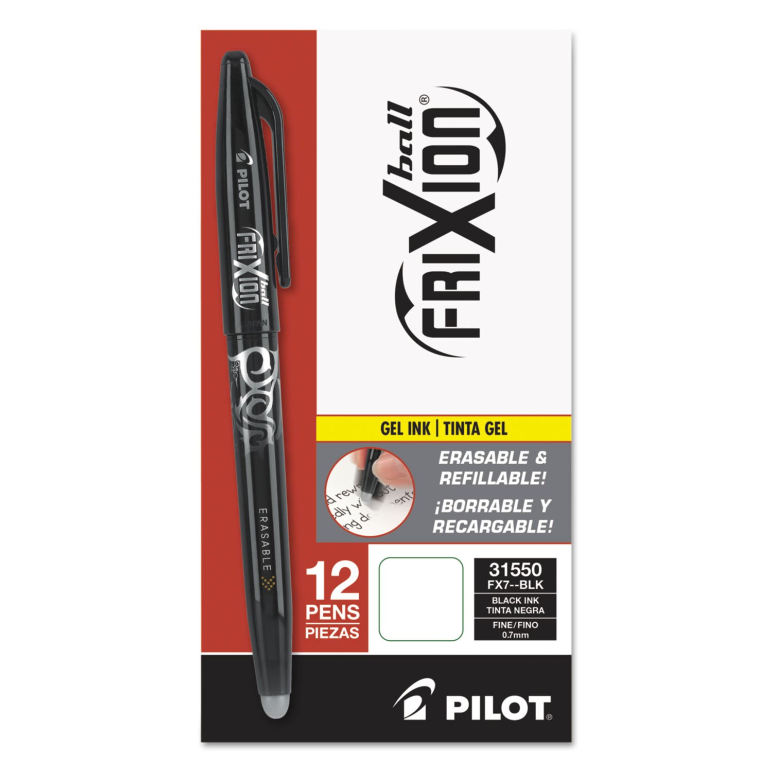 Pilot 31550 FRIXION BALL ERASABLE STICK GEL PEN, FINE 0.7MM, BLACK INK, BLACK BARREL