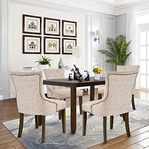 TARTOP Leisure Padded Upholstered Dining Chairs Armrest and Nailed Trim, (Set of 6),Beige, Beige1
