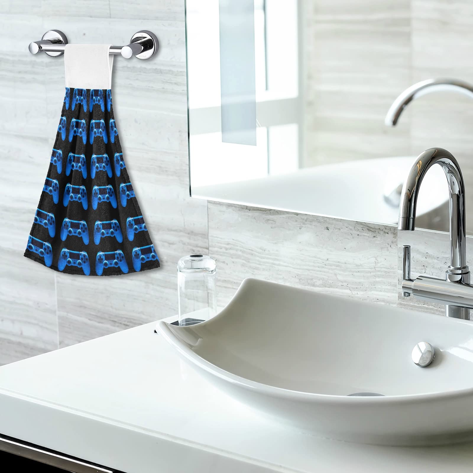 Oyihfvs Video Game Joystick Gamepad in Blue Neon Lights Isolated on Black 2 Pcs Hanging Kitchen Hand Towel, Soft Face Bath Towel, Fast Drying Cleaning Towels with Hook & Loop Home Washcloth Dishcloth