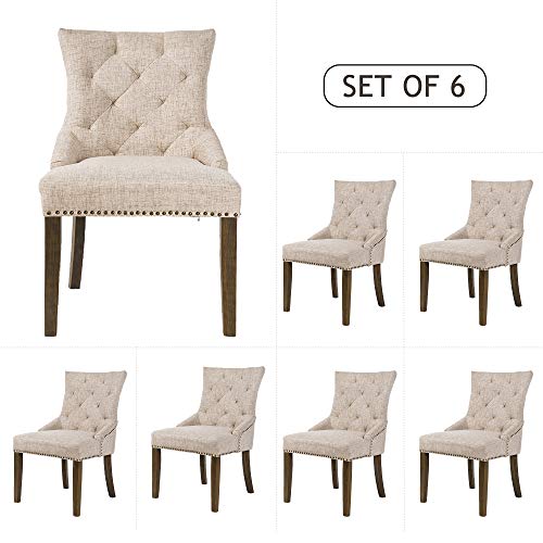 TARTOP Leisure Padded Upholstered Dining Chairs Armrest and Nailed Trim, (Set of 6),Beige, Beige1
