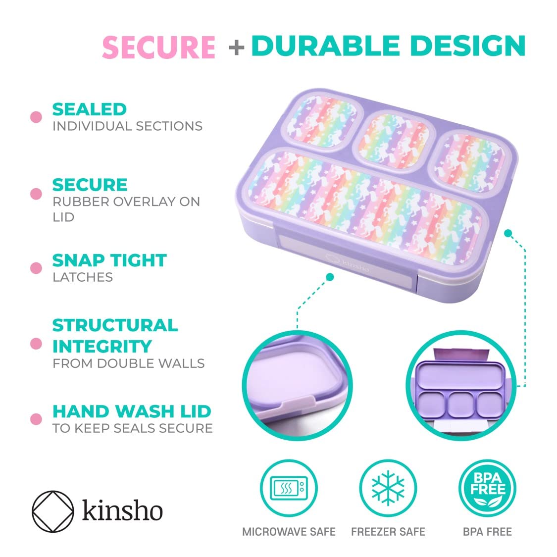 kinsho Unicorn Lunch Boxes for Girls, 4 Compartment Bento-Box Lunch-Box for Kids, Toddlers School Daycare Travel Snack Containers, Utensils, Rainbow Unicorns 2 PACK Set