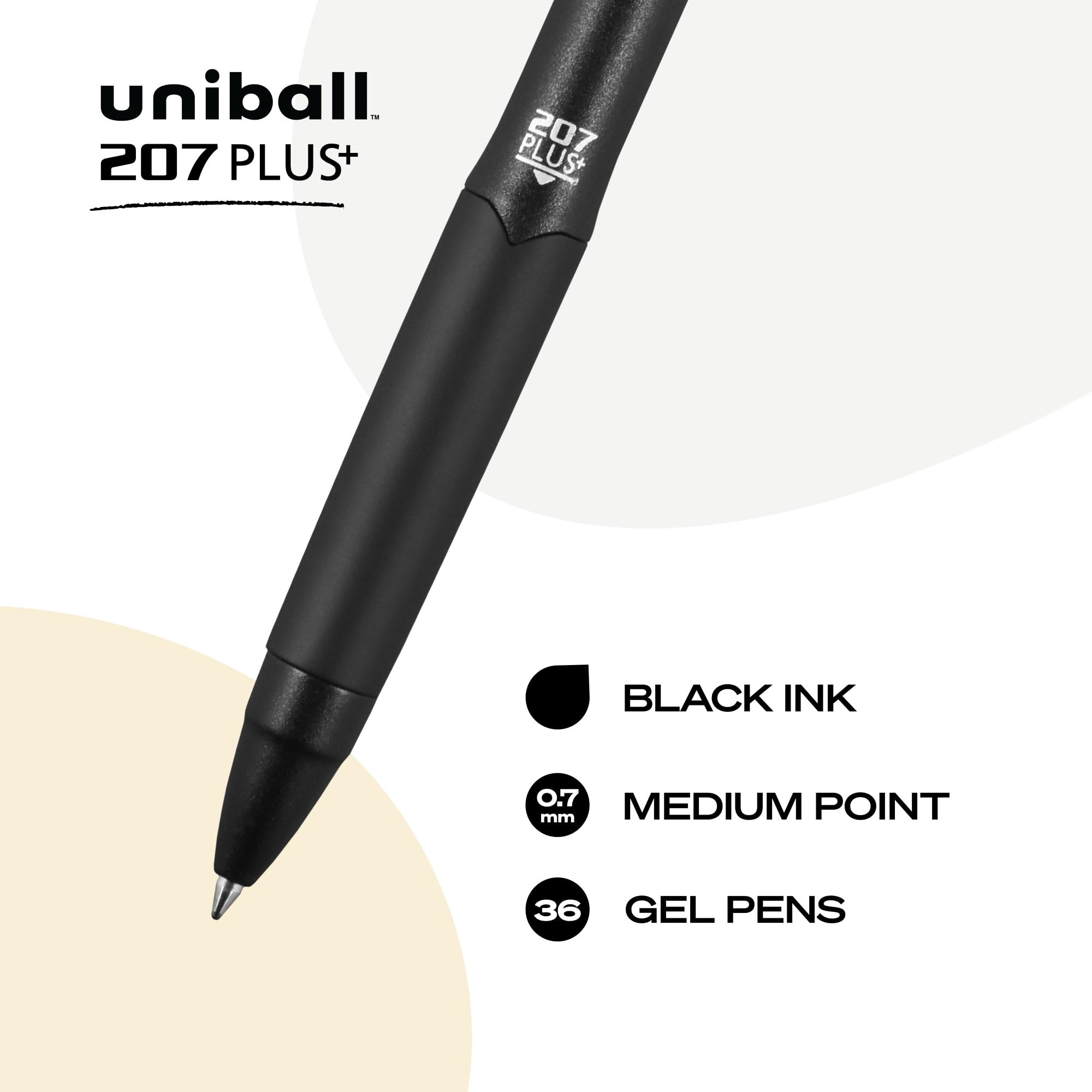 uniball 207 Plus+ Retractable Gel Pens 36 Pack in Black with 0.7mm Medium Point Pen Tips - Uni-Super Ink+ is Smooth, Vibrant, and Protects Against Water, Fading, and Fraud