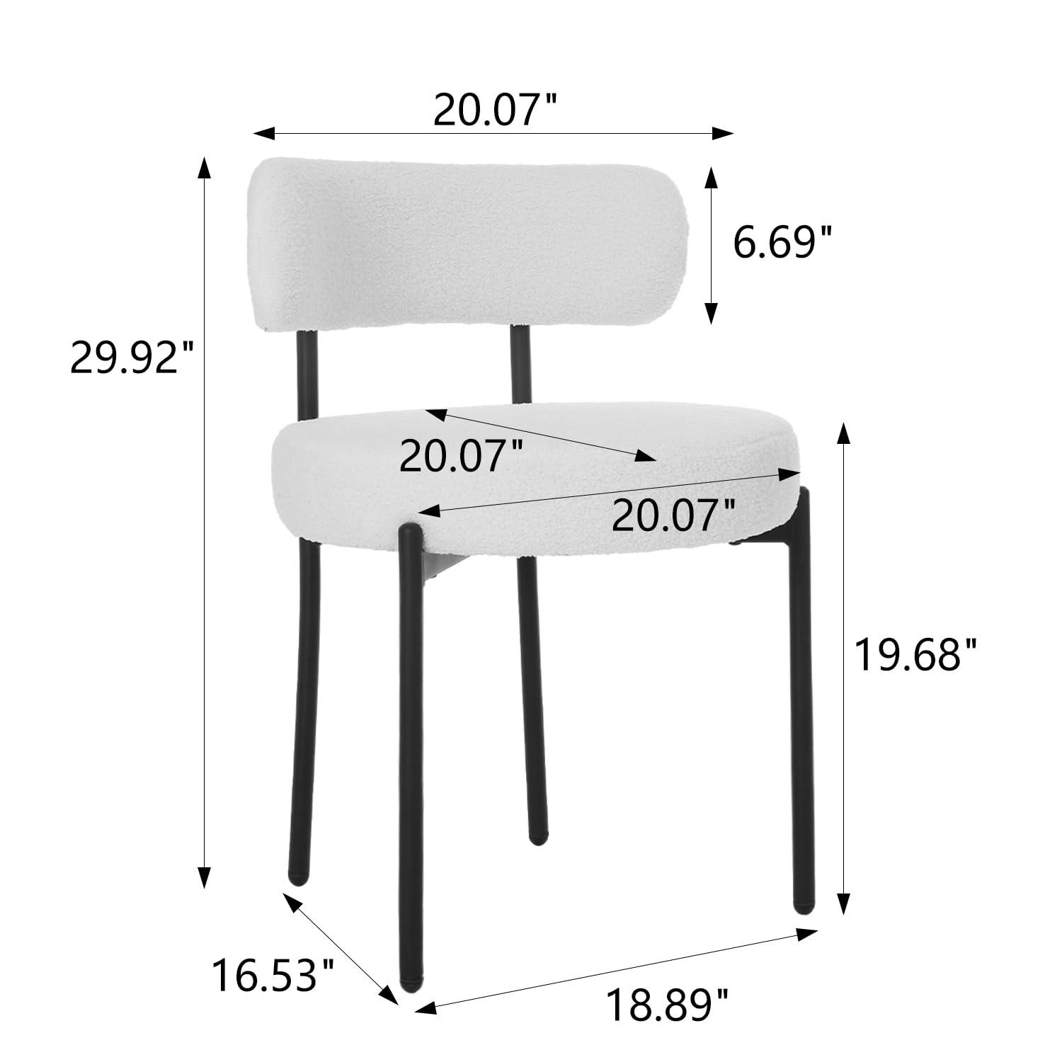 Hooseng White Dining Chairs Set of 2, Modern Kitchen Dining Room Chairs, Round Upholstered Boucle Chairs with Curved Backrest and Black Metal Legs for Kitchen, Dining Room, Living Room