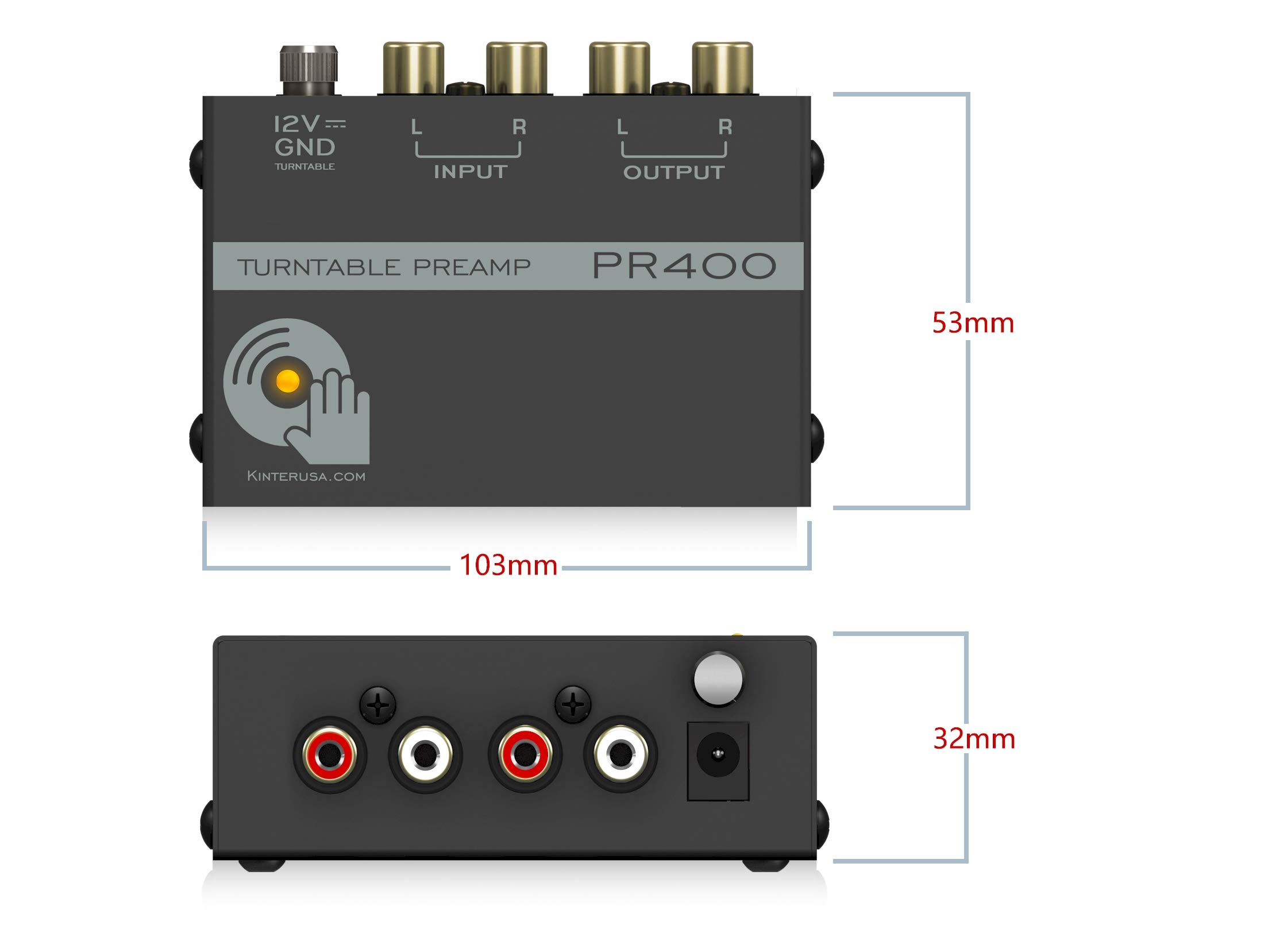 Kinter PR400 Ultra Compact Phono Vinyl Turntable Preamp - Mini Electronic Audio Stereo Phonograph Preamplifier with Gold Plated RCA Input and Outputs & Low Noise Operation 12 Volt DC Adapter Included