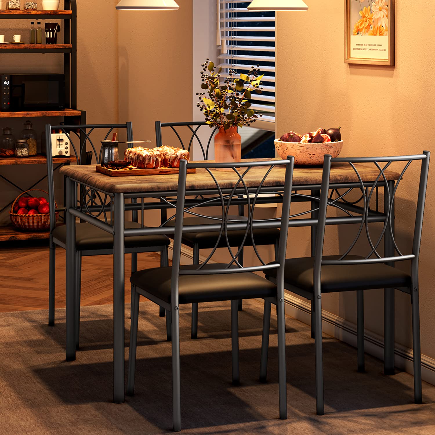 IDEALHOUSE Dining Table Set for 4, Kitchen Table and Chairs, Rectangular Dining Room Table Set with 4 Upholstered Chairs, 5 Piece Dining Table Set for Small Space, Apartment, Rustic Brown