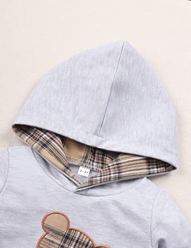 Yoxindax Toddler Baby Boy Clothes Outfits Plaid Bear Long Sleeve Hoodie Sweatshirt Patchwork Pants Spring Clothes for Boys(2-3t)