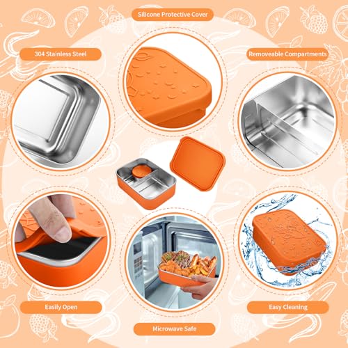 LEGELITE Bento Lunch Box Container, Stainless Steel Bento Box with Removeable Compartments and 2 sauce cups, Dishwasher, Freezer Safe, BPA-Free -Sage (Orange)