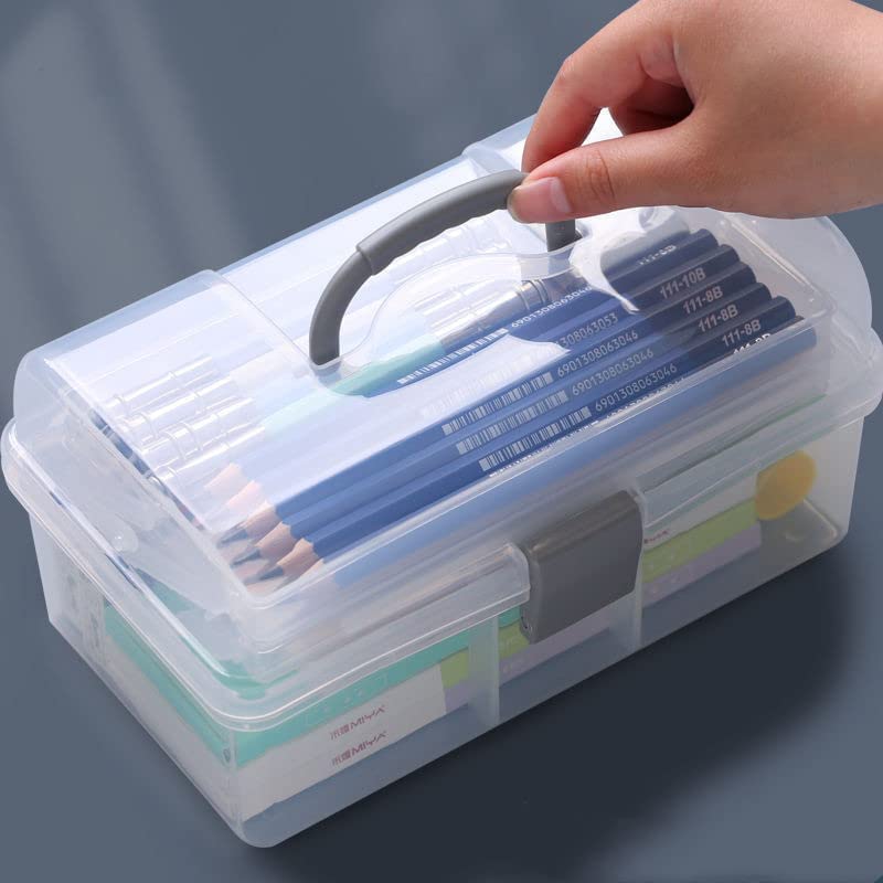 Auniwaig Portable Handled Organizer Box Plastic Sewing Box 33cm Multipurpose Art Tool Container Case Transparent Storage Box with Removable Tray for Art Craft Cosmetic (33x20x15cm)1Pcs