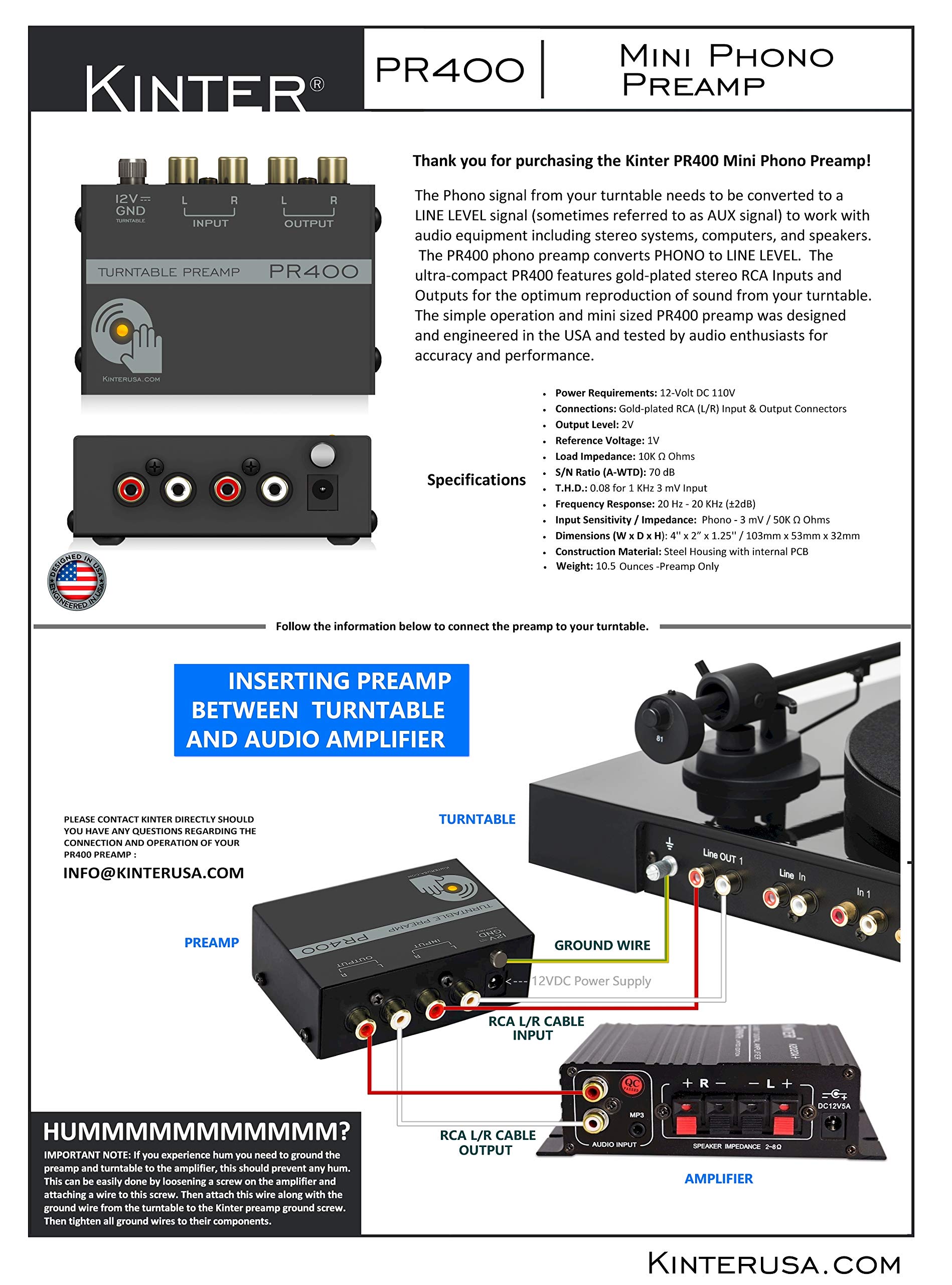 Kinter PR400 Ultra Compact Phono Vinyl Turntable Preamp - Mini Electronic Audio Stereo Phonograph Preamplifier with Gold Plated RCA Input and Outputs & Low Noise Operation 12 Volt DC Adapter Included