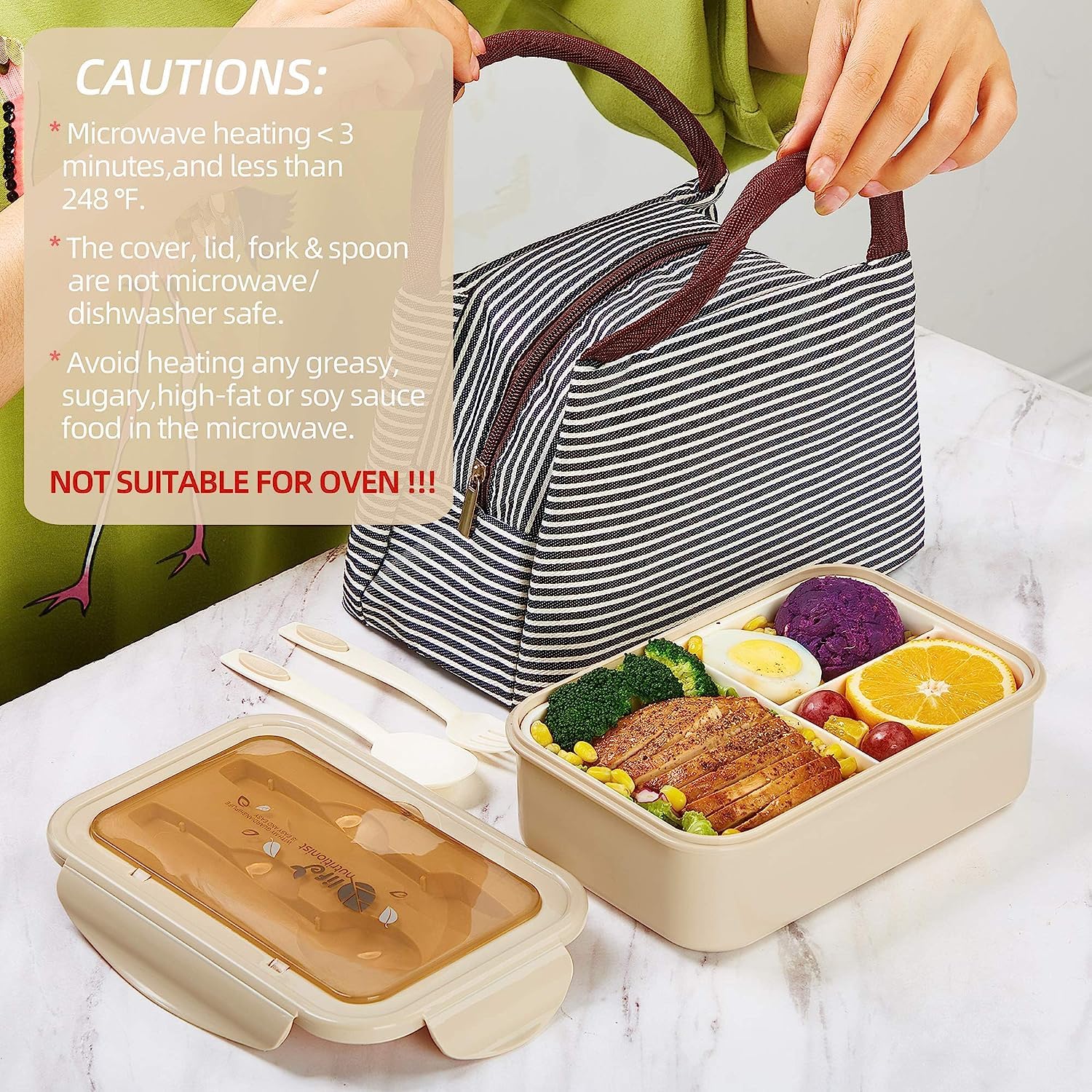Porzu Bento Lunch Box, 1400 ML Lunch Box Meal Prep For Adults，3 Compartments Portable Food Container with Utensil (Beige)