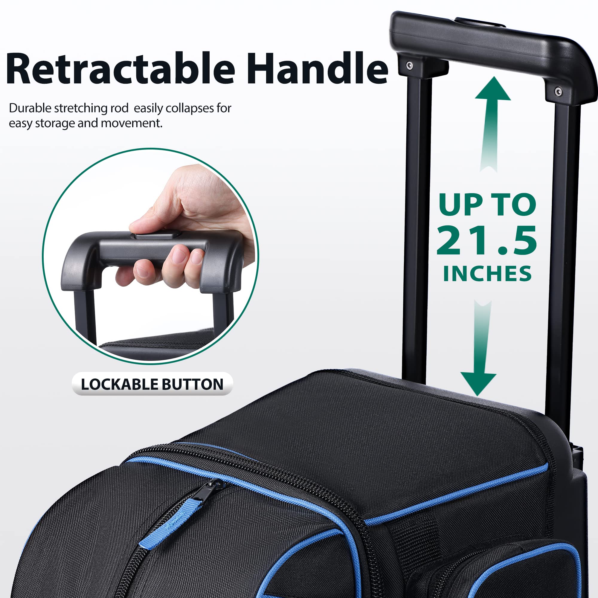 GoHimal Double Roller 2 Ball Bowling Bag with Separate Shoe Compartment for Bowling Shoes (Up To US Mens Size 15) and Oversized Accessory Pocket, Retractable Handle - Extends to 40" (Black-Blue)