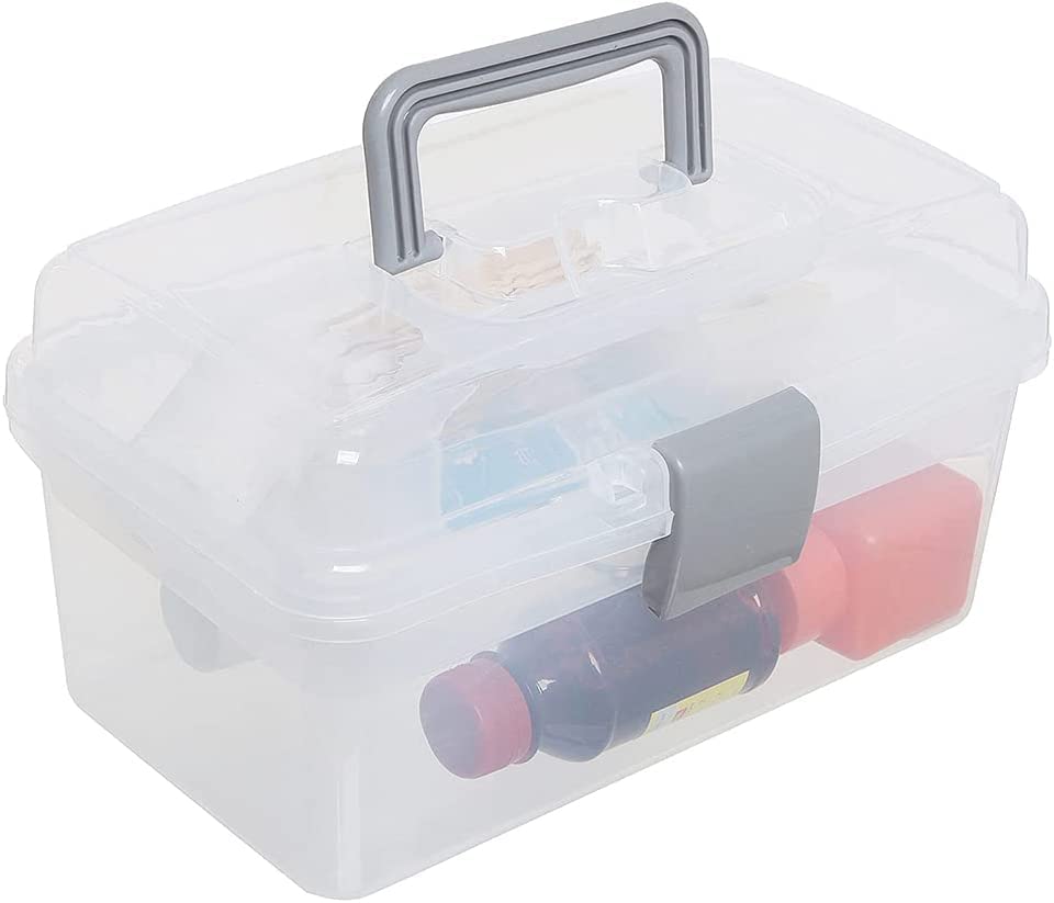 Auniwaig Portable Handled Organizer Box Plastic Sewing Box 33cm Multipurpose Art Tool Container Case Transparent Storage Box with Removable Tray for Art Craft Cosmetic (33x20x15cm)1Pcs