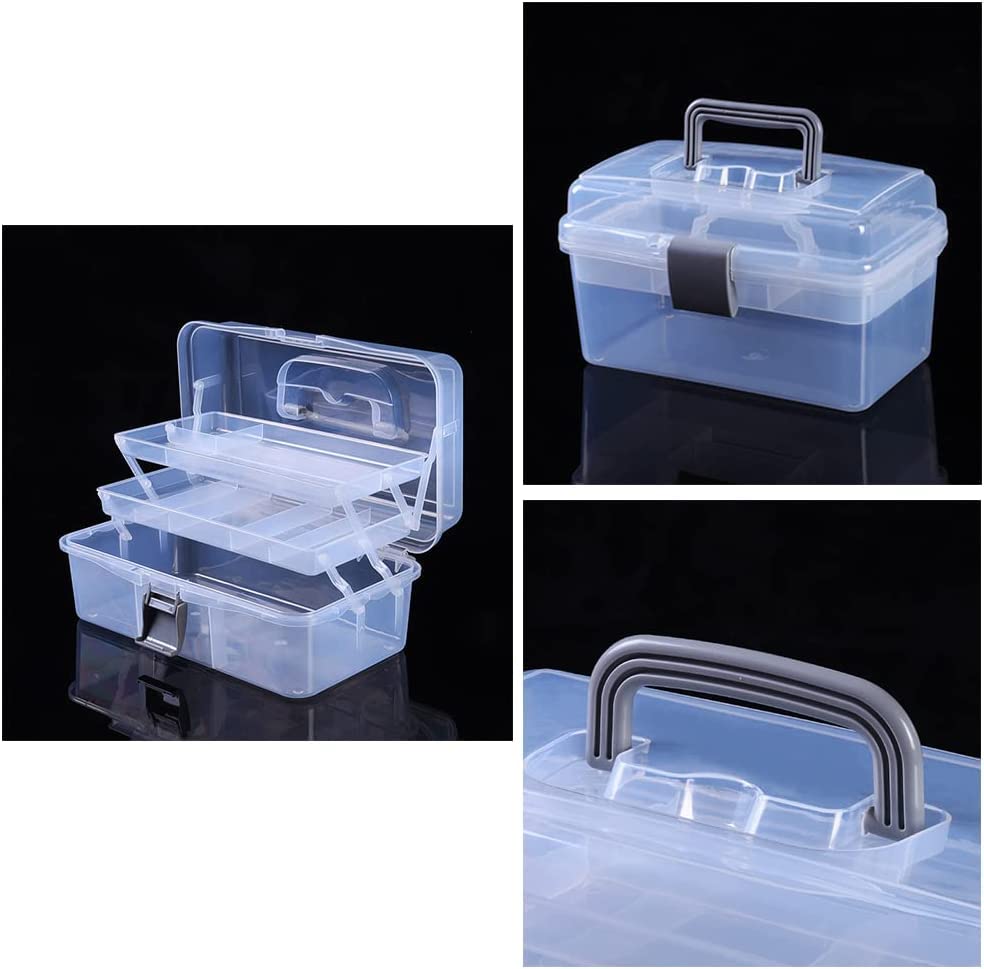 Auniwaig Portable Handled Organizer Box Plastic Sewing Box 33cm Multipurpose Art Tool Container Case Transparent Storage Box with Removable Tray for Art Craft Cosmetic (33x20x15cm)1Pcs