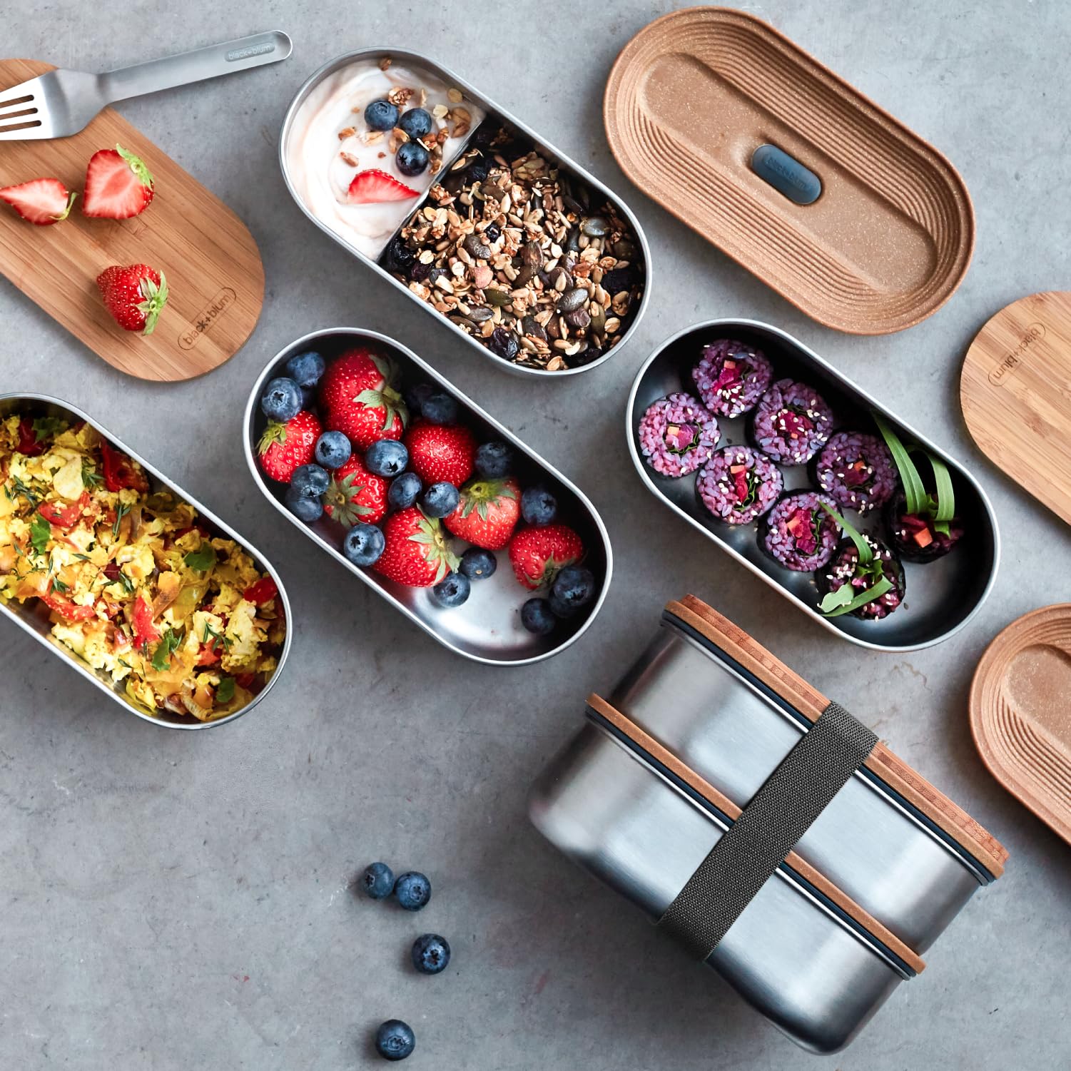 BLACK + BLUM Stainless Steel Bento Box | Plastic Free, Leak-Proof, 2-Compartment Lunch Box with Travel Fork and Bamboo Chopping Board Lid for Packing Healthy and Delicious Food | 34 oz / 1000 ml