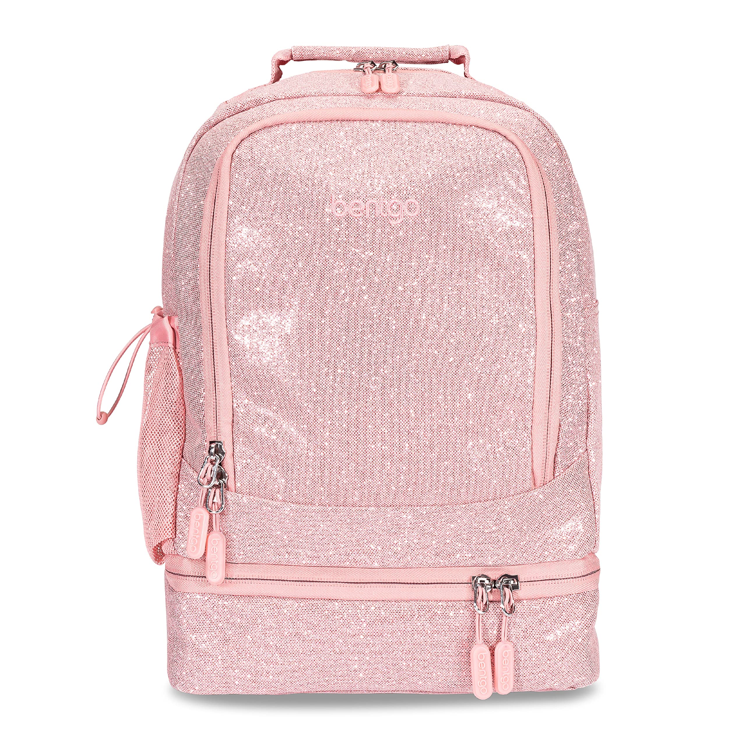 Bentgo® Kids 5-Compartment Lunch Box With Kids 2-in-1 Backpack & Insulated Lunch Bag (Glitter Edition - Petal Pink)