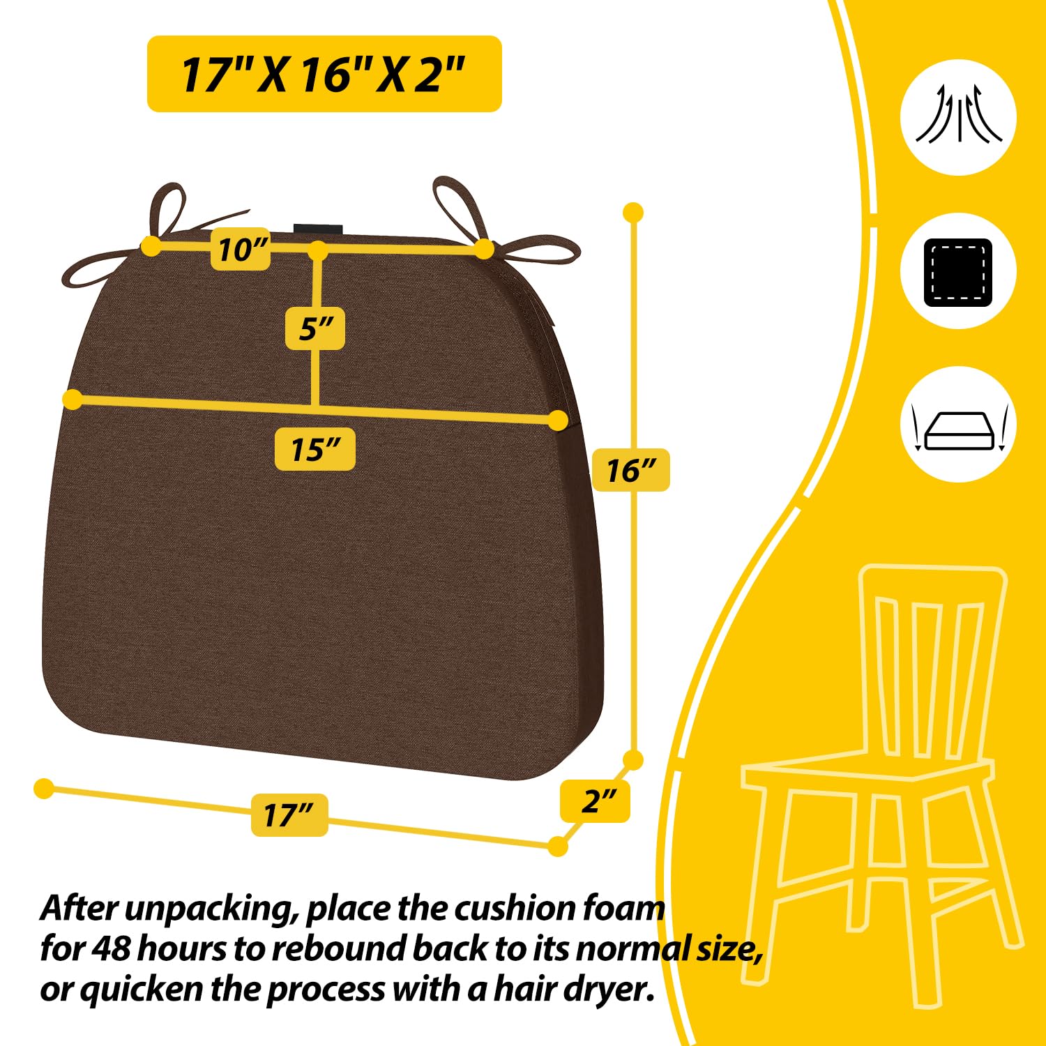 AAAAAcessories D-Shaped Chair Cushions with Ties and Removable Cover, 2'' Thick Kitchen Chair Pads, Indoor Dining Room Chair Cushions, 17'' x 16'', 6 Pack, Brown