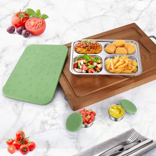 LEGELITE Stainless Steel Bento Box Container with 2 Sauce Cups, 4 Compartments Premium Bento Box, Metal Lunch Box Set for Kids or Adults (Sage)