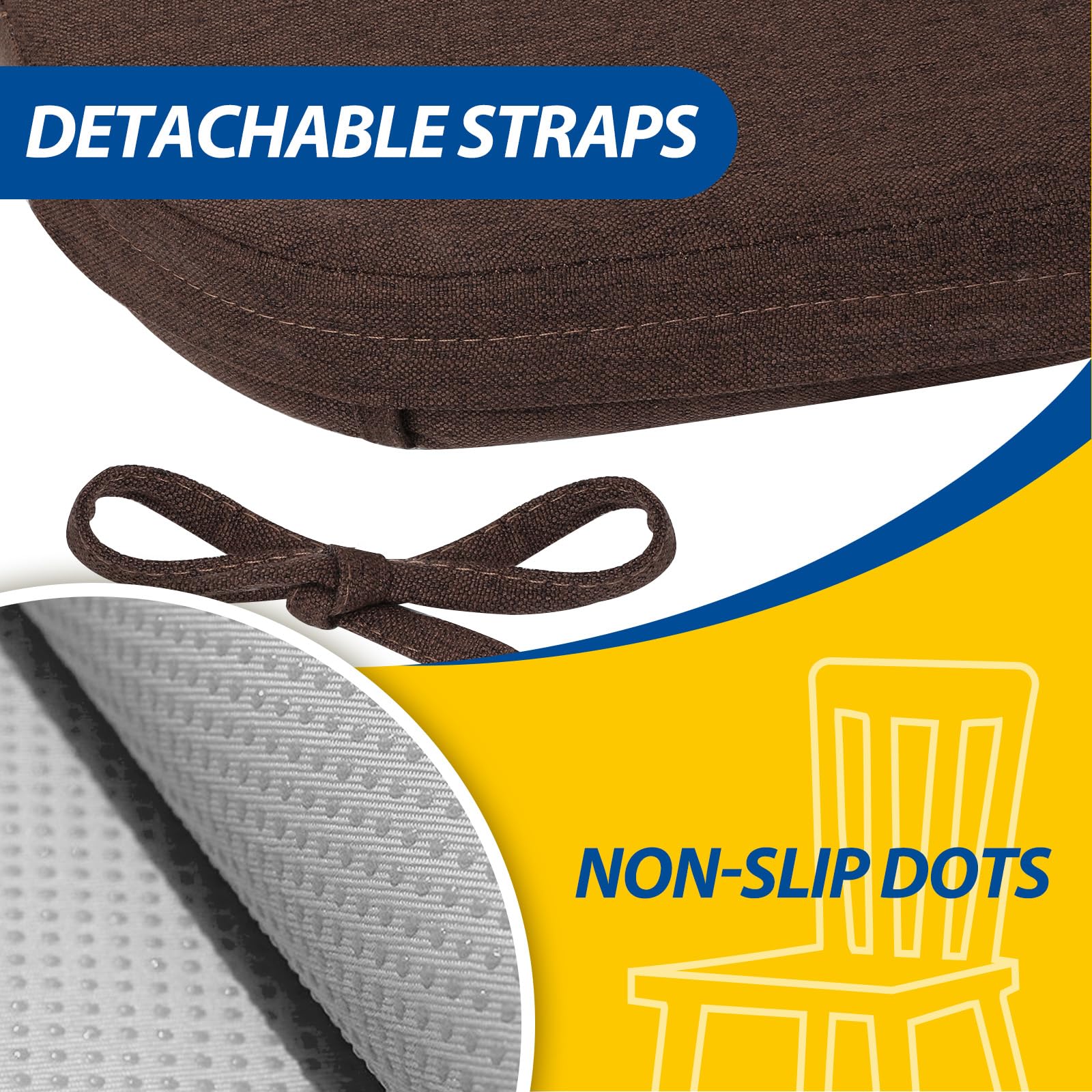 AAAAAcessories D-Shaped Chair Cushions with Ties and Removable Cover, 2'' Thick Kitchen Chair Pads, Indoor Dining Room Chair Cushions, 17'' x 16'', 6 Pack, Brown