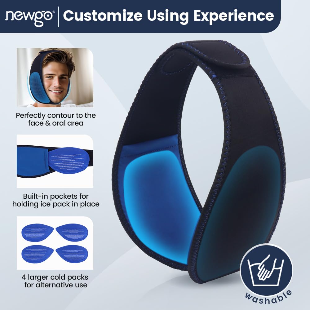 NEWGO Wisdom Teeth Head Wrap - Jaw Ice Pack for Face Oral Surgery, FSA/HSA Eligible with 4 Hot/Cold Gel Pack for TMJ, Tooth Extraction, Tonsillectomy Recovery