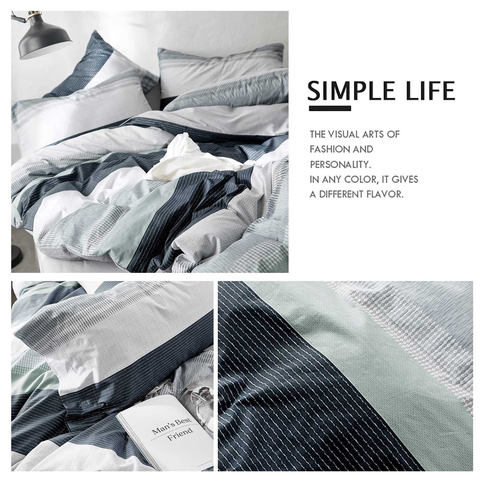 VClife Cotton Queen Duvet Cover White Grey Blue Stripe Bedding Sets Lightweight Modern Style Geometric Comforter Cover with Zipper Closure (1 Queen Size Duvet Cover and 2 Pillowcases) Breathable Soft