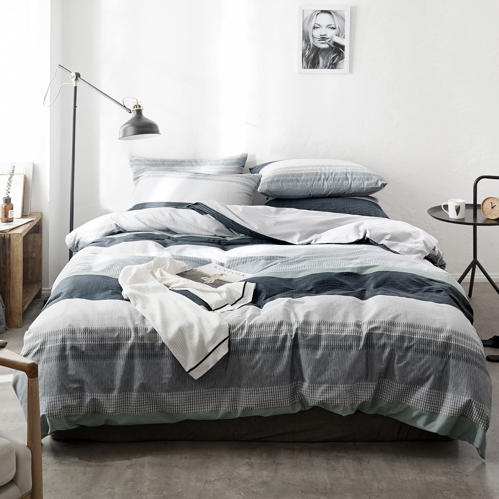 VClife Cotton Queen Duvet Cover White Grey Blue Stripe Bedding Sets Lightweight Modern Style Geometric Comforter Cover with Zipper Closure (1 Queen Size Duvet Cover and 2 Pillowcases) Breathable Soft