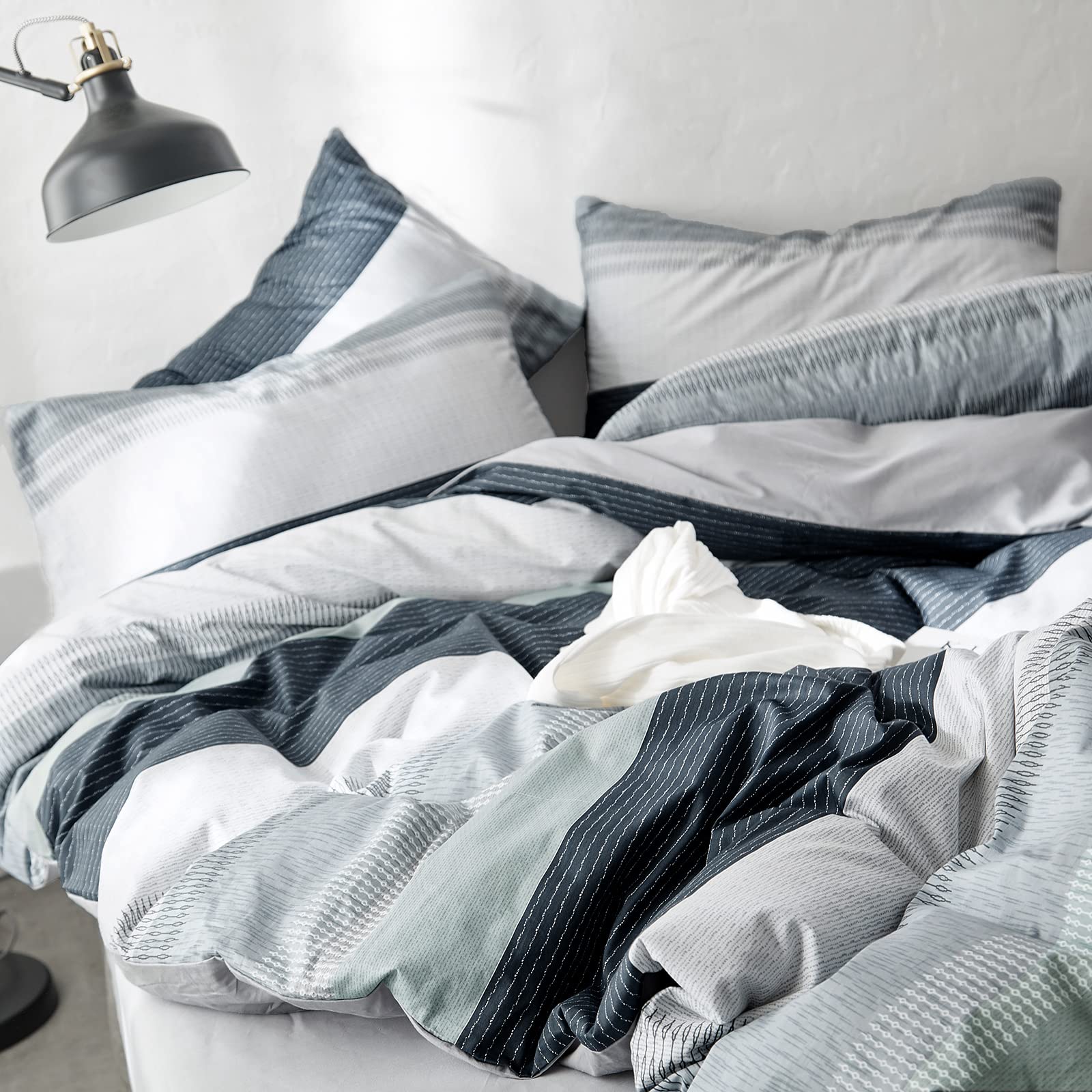 VClife Cotton Queen Duvet Cover White Grey Blue Stripe Bedding Sets Lightweight Modern Style Geometric Comforter Cover with Zipper Closure (1 Queen Size Duvet Cover and 2 Pillowcases) Breathable Soft
