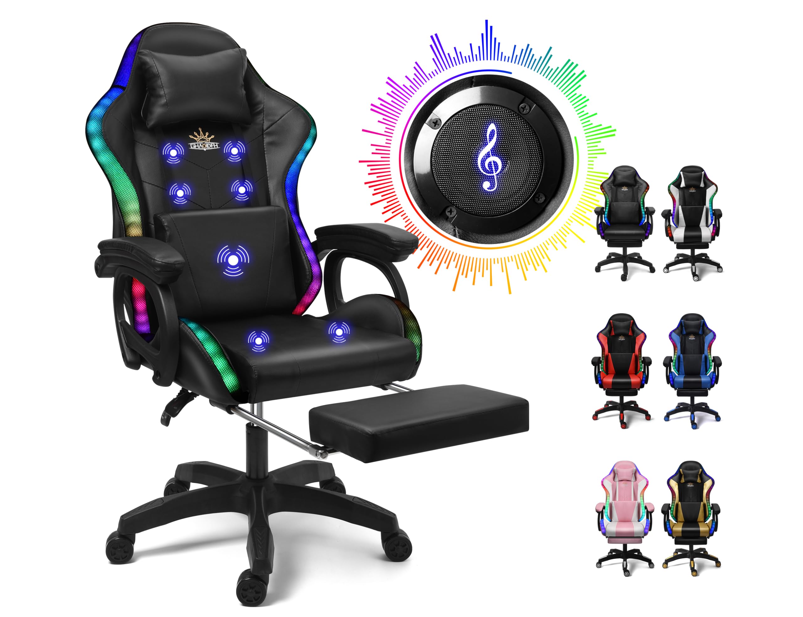 Gaming Chair with LED Lights and Speakers, Ergonomic Pro Video Game Chair with Massage and Footrest, for Adults, Teens, and Kids - Perfect for Gaming, Office, and Working. (Black)