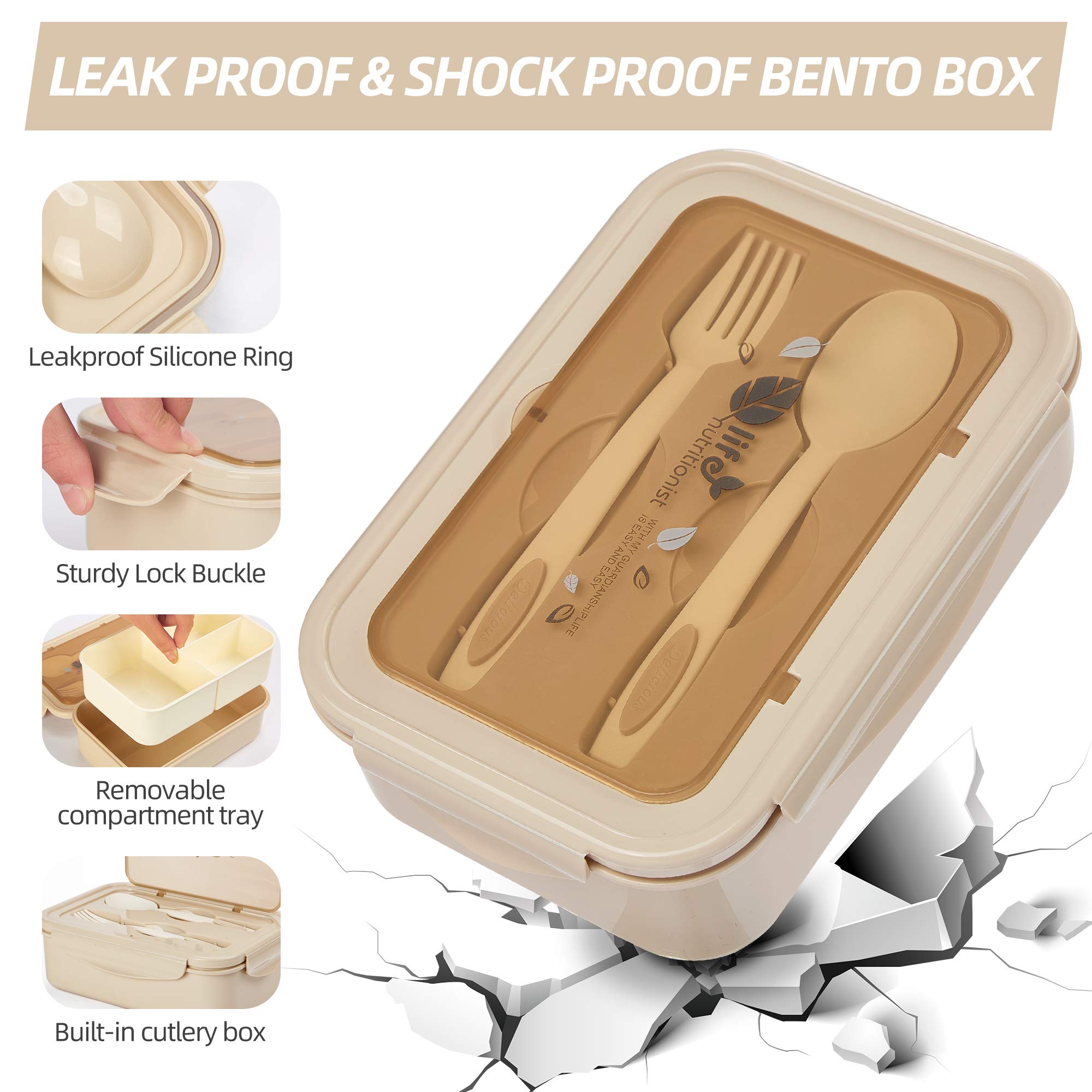 Porzu Bento Lunch Box, 1400 ML Lunch Box Meal Prep For Adults，3 Compartments Portable Food Container with Utensil (Beige)