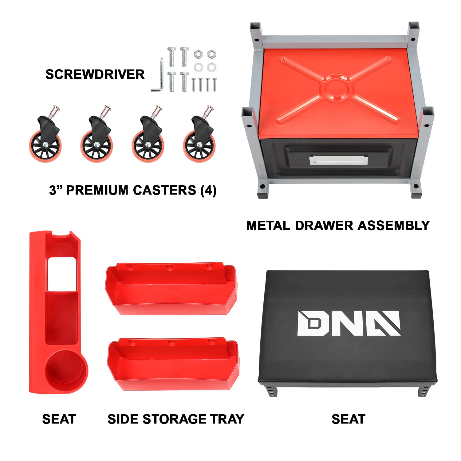 DNA Motoring TOOLS-00198 Adjustable Height Mechanics Roller Seat Creeper Stool With Padded Cushion, Tool Storage Drawer & Tray, 350 Lbs Max Weight Capacity