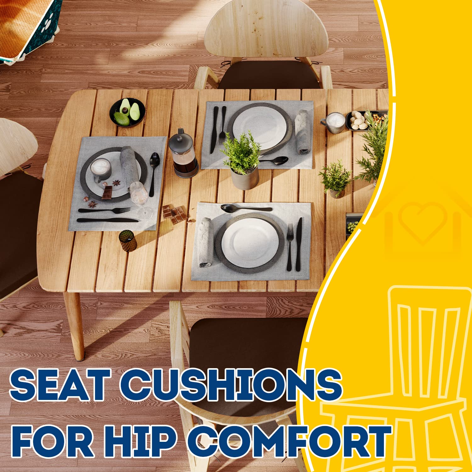 AAAAAcessories D-Shaped Chair Cushions with Ties and Removable Cover, 2'' Thick Kitchen Chair Pads, Indoor Dining Room Chair Cushions, 17'' x 16'', 6 Pack, Brown