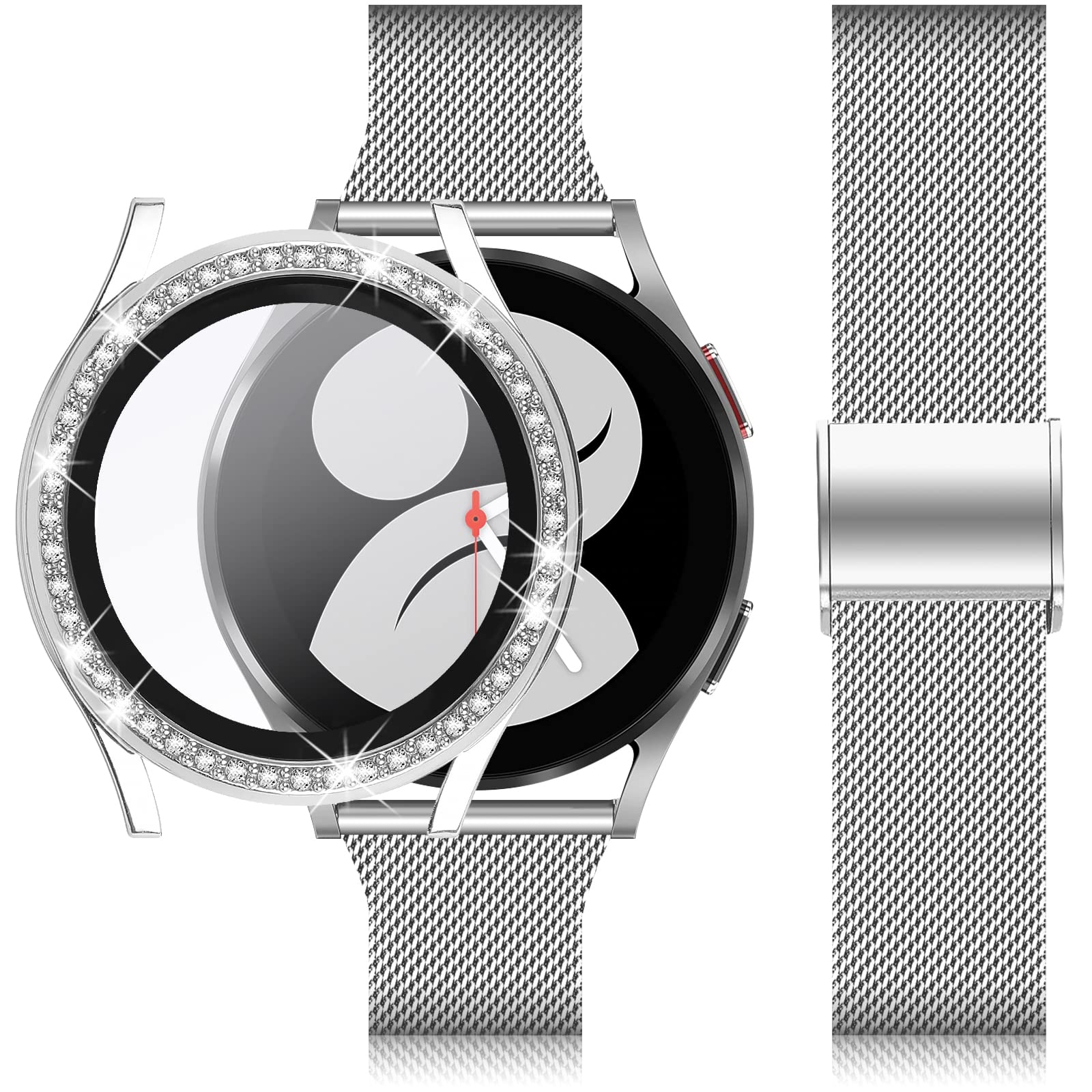 JOYOZY Bands Compatible with Samsung Galaxy Watch 4 40mm with Screen Protector Case,20mm Quick Release Watch Band Stainless Steel Strap & Diamond Bezel Case Cover for Galaxy Watch 4