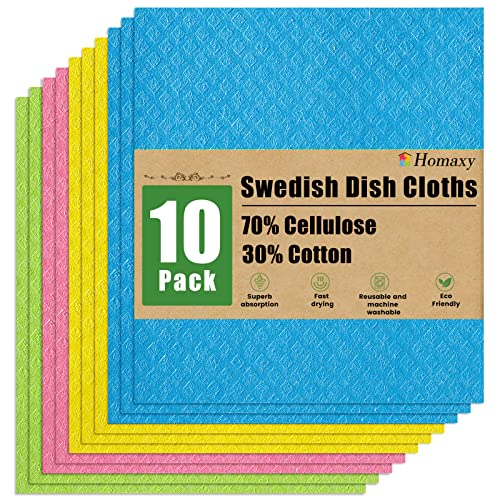 Homaxy Swedish Dishcloths for Kitchen, 10 Pack Reusable and Washable Cellulose Sponge Cloths Dish Towels, Absorbent and No Odor Paper Towels for Dishes & Counters, Assorted