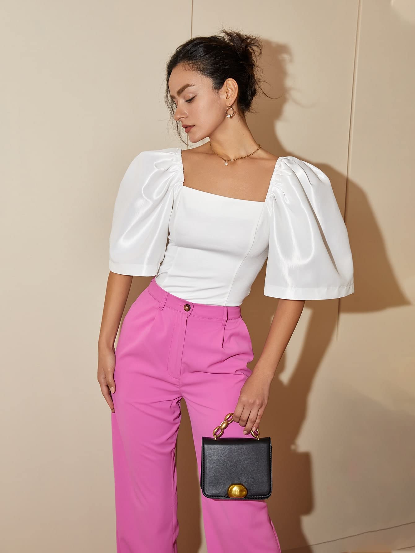 Floerns Women's Square Neck Puff Short Sleeve Elegant Blouse Crop Top White L