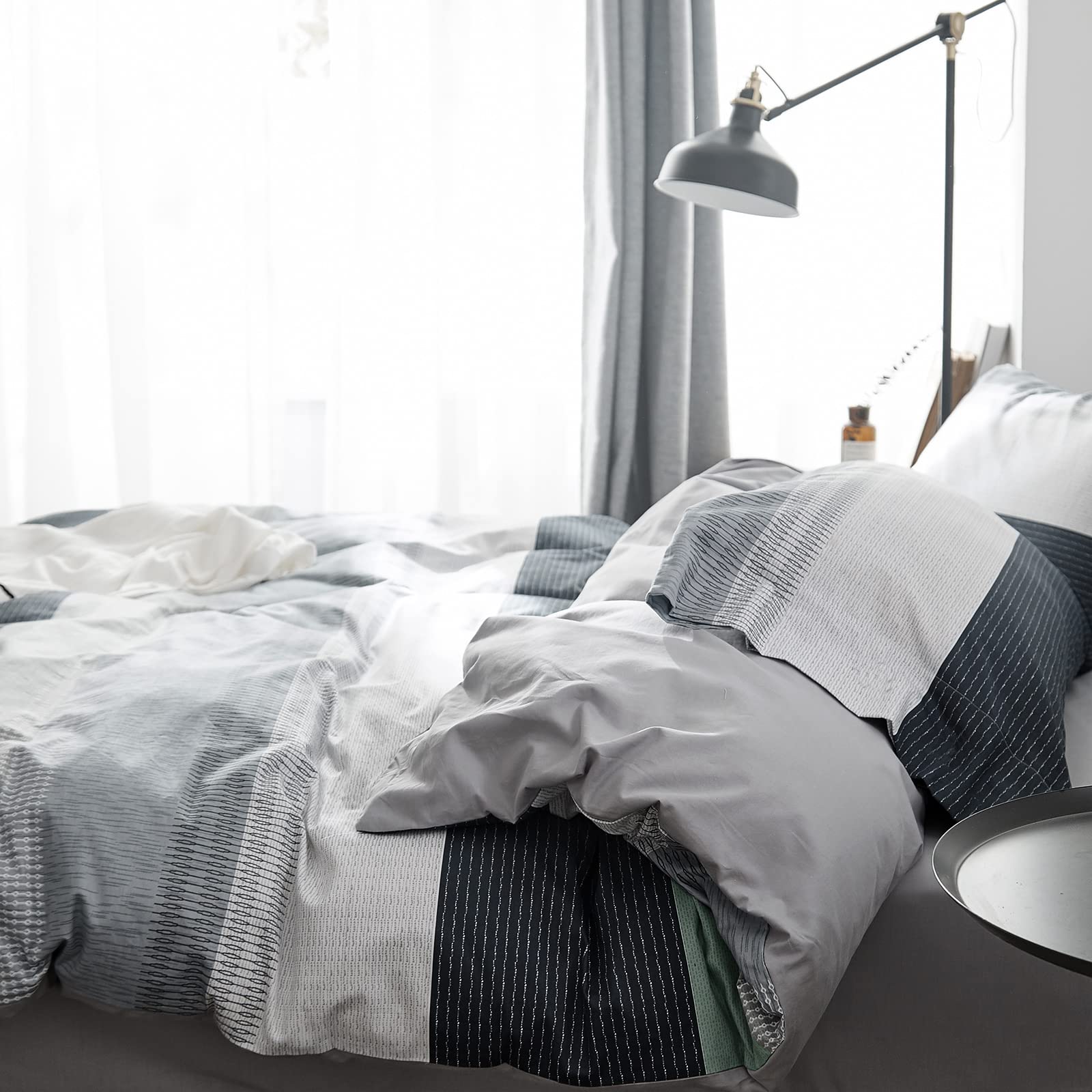 VClife Cotton Queen Duvet Cover White Grey Blue Stripe Bedding Sets Lightweight Modern Style Geometric Comforter Cover with Zipper Closure (1 Queen Size Duvet Cover and 2 Pillowcases) Breathable Soft