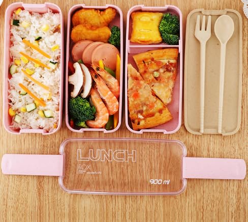 LETSKAB 2-Piece 3-in-1 Compartment Wheatgrass Bento Lunch Box Stackable lunch containers Leak Proof Eco-Friendly Adult Meal Prep Lunch box Container (Pink/Beige)