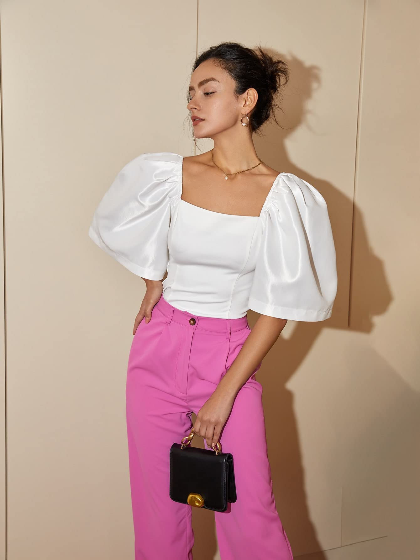 Floerns Women's Square Neck Puff Short Sleeve Elegant Blouse Crop Top White L
