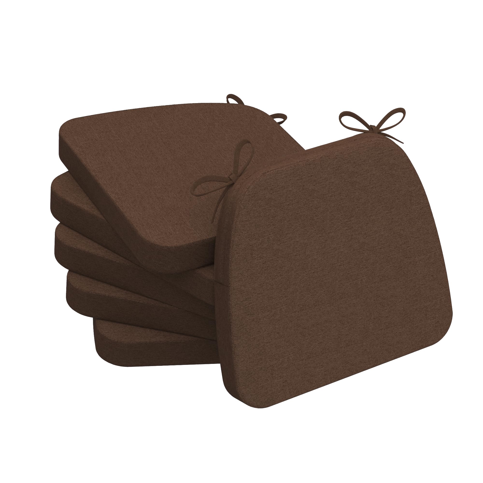 AAAAAcessories D-Shaped Chair Cushions with Ties and Removable Cover, 2'' Thick Kitchen Chair Pads, Indoor Dining Room Chair Cushions, 17'' x 16'', 6 Pack, Brown