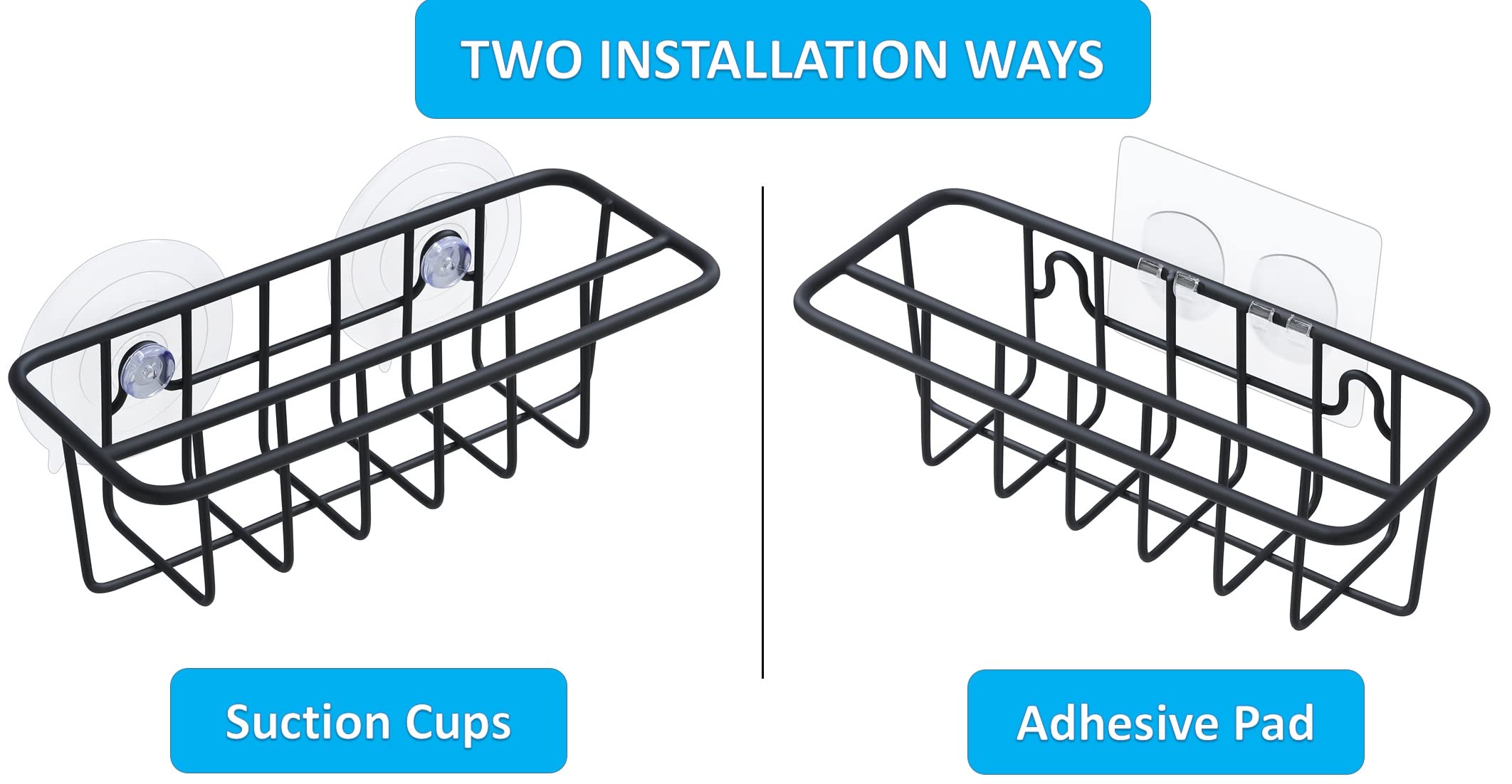 TESOT Sink Caddy Sponge Holder for Kitchen Sink Dish Cloth Hanger 2 Suspension Options(Suction Cups and Adhesive Hook), SUS304 Stainless Steel, Black