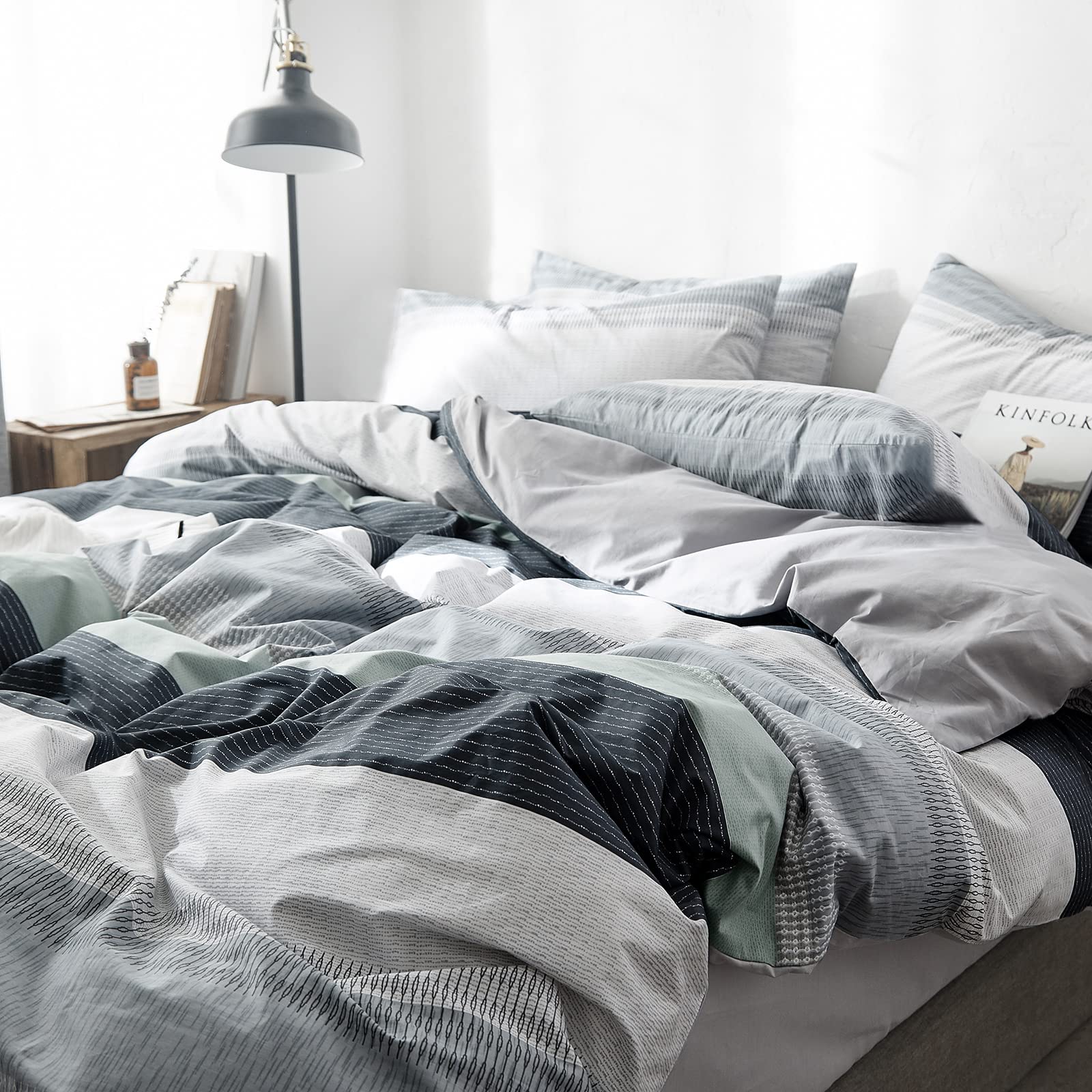 VClife Cotton Queen Duvet Cover White Grey Blue Stripe Bedding Sets Lightweight Modern Style Geometric Comforter Cover with Zipper Closure (1 Queen Size Duvet Cover and 2 Pillowcases) Breathable Soft