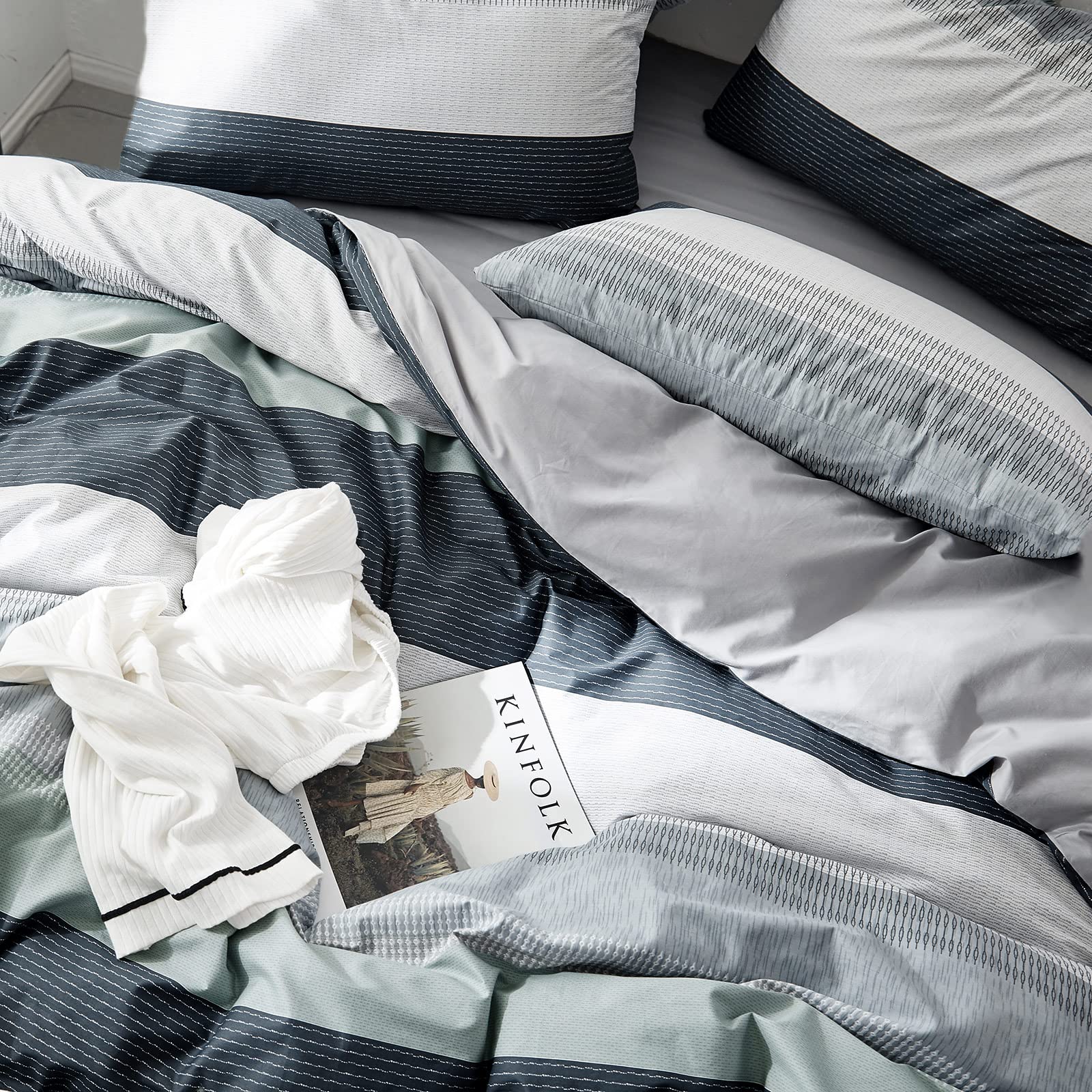 VClife Cotton Queen Duvet Cover White Grey Blue Stripe Bedding Sets Lightweight Modern Style Geometric Comforter Cover with Zipper Closure (1 Queen Size Duvet Cover and 2 Pillowcases) Breathable Soft