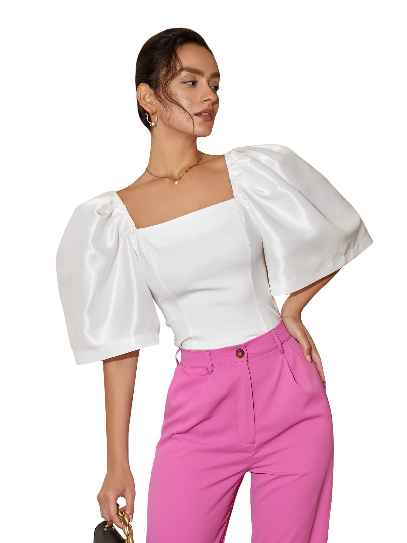 Floerns Women's Square Neck Puff Short Sleeve Elegant Blouse Crop Top White L