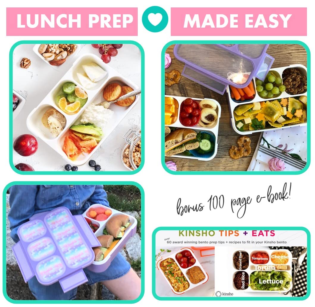 kinsho Unicorn Lunch Boxes for Girls, 4 Compartment Bento-Box Lunch-Box for Kids, Toddlers School Daycare Travel Snack Containers, Utensils, Rainbow Unicorns 2 PACK Set