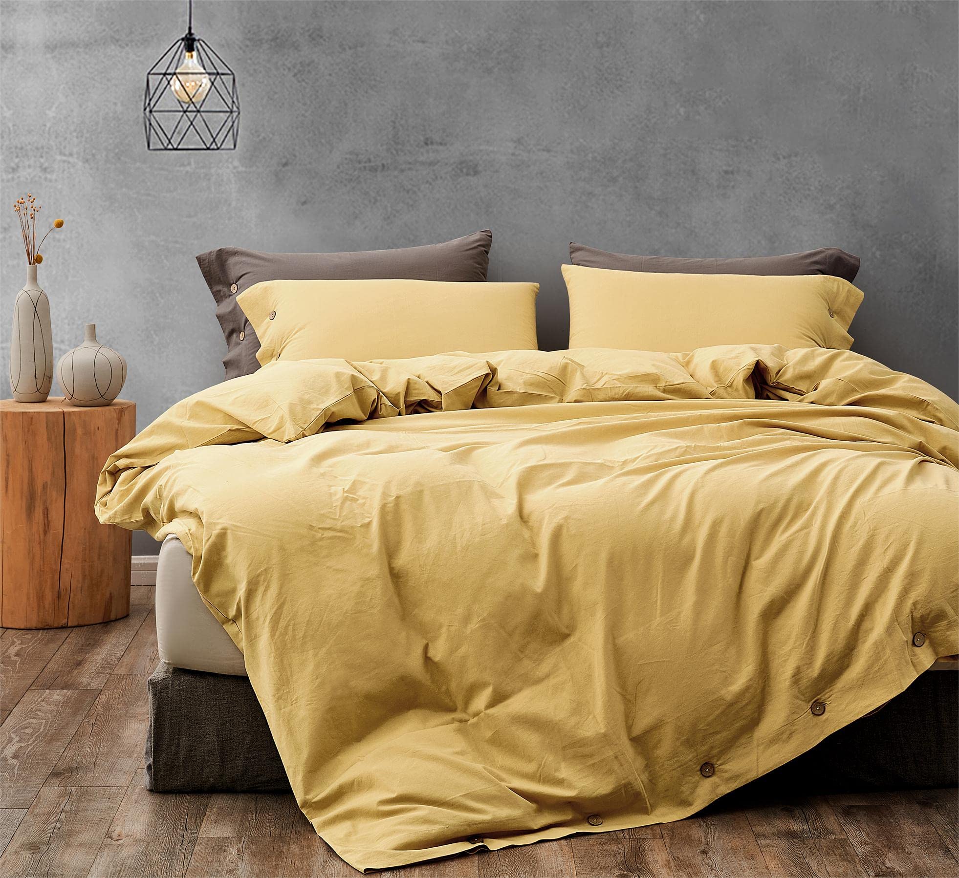 melingo Cotton Duvet Covers King Size, Mustard Yellow Quilt Cover, Soft, Cooling, Breathable Bedding Collection with Buttons Closure. 3 Pieces Solid Color (1 Comforter Cover + 2 Pillow Cases)