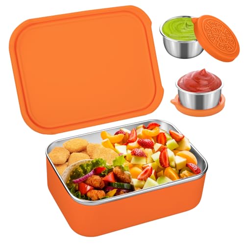 LEGELITE Bento Lunch Box Container, Stainless Steel Bento Box with Removeable Compartments and 2 sauce cups, Dishwasher, Freezer Safe, BPA-Free -Sage (Orange)