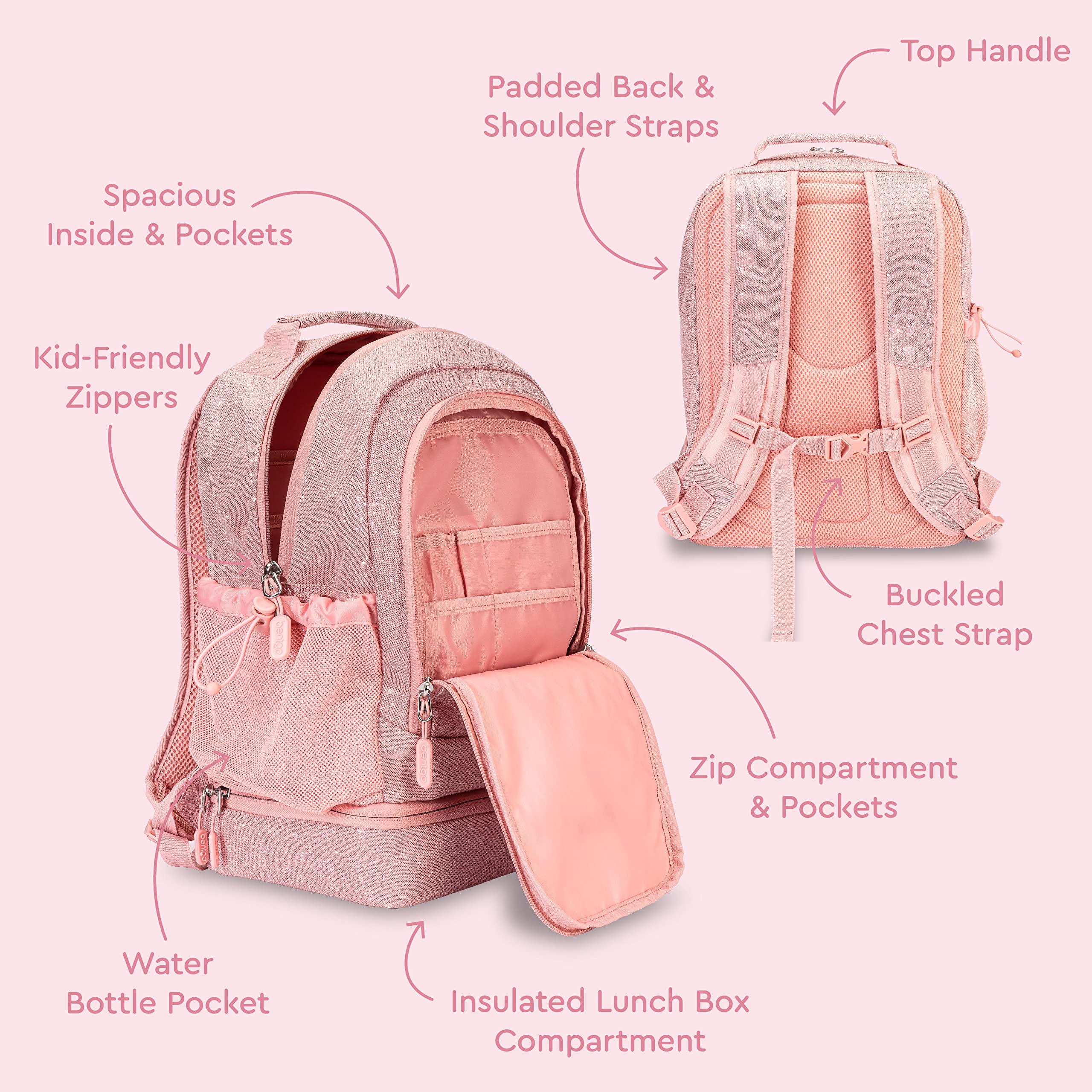 Bentgo® Kids 5-Compartment Lunch Box With Kids 2-in-1 Backpack & Insulated Lunch Bag (Glitter Edition - Petal Pink)