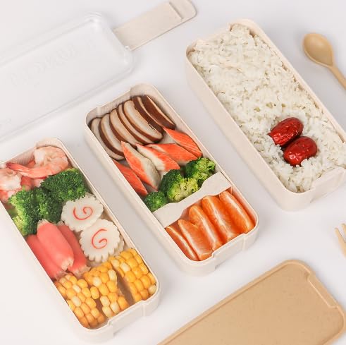 LETSKAB 2-Piece 3-in-1 Compartment Wheatgrass Bento Lunch Box Stackable lunch containers Leak Proof Eco-Friendly Adult Meal Prep Lunch box Container (Pink/Beige)