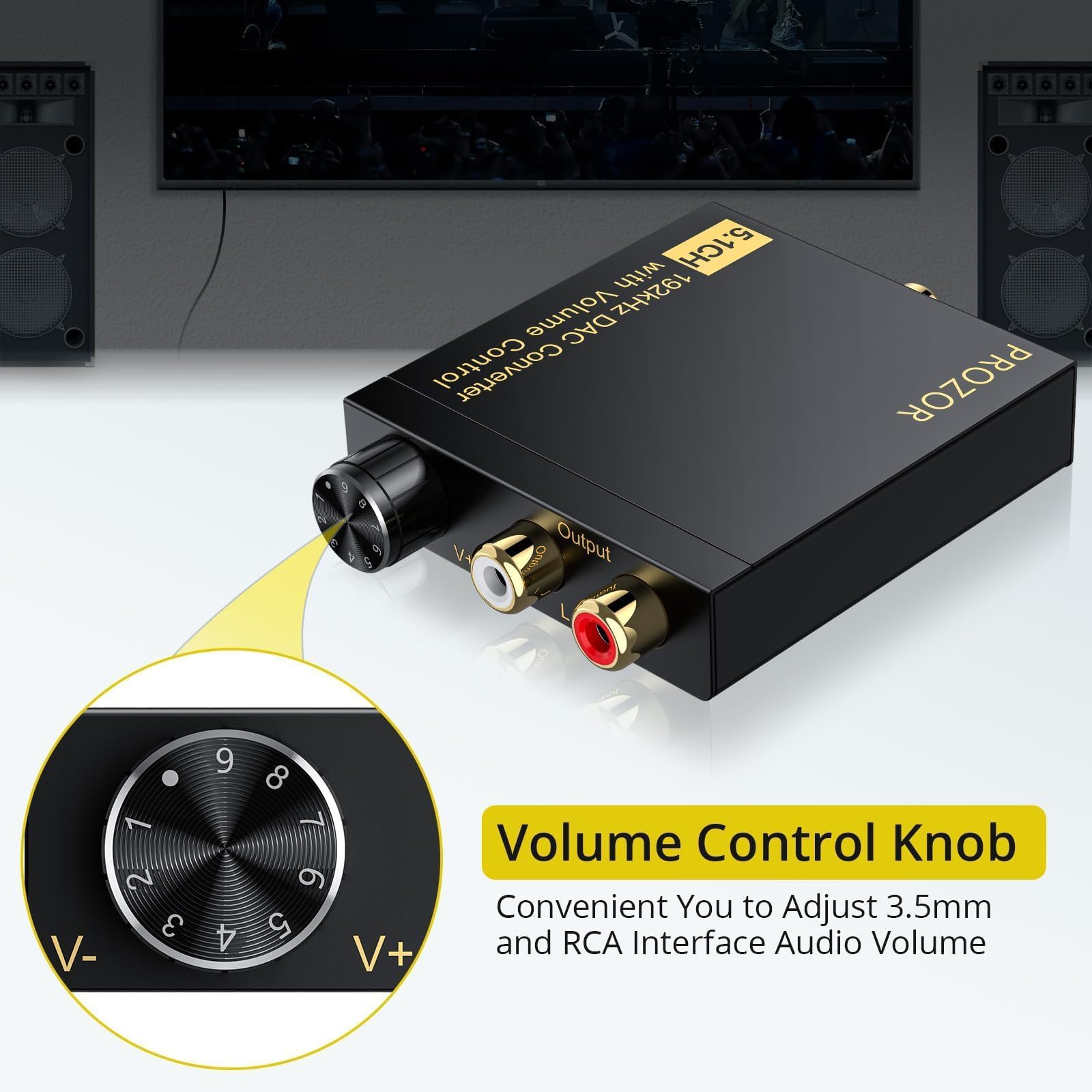 PROZOR DAC Converter 192Khz Digital to Analog Audio Decoder with Volume Control Support 5.1CH DTS Dolly-AC3 Coaxial SPDIF Toslink Optical to RCA Adapter for HDTV Blu-ray DVD PS3 Home Cinema System